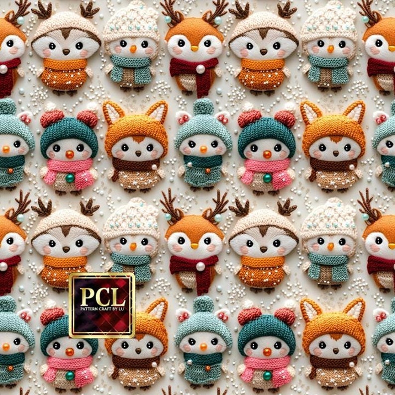3D Knitted Fox and Penguin Seamless File, Cute Winter Animal Pattern, Cozy Knit Animal Design ...