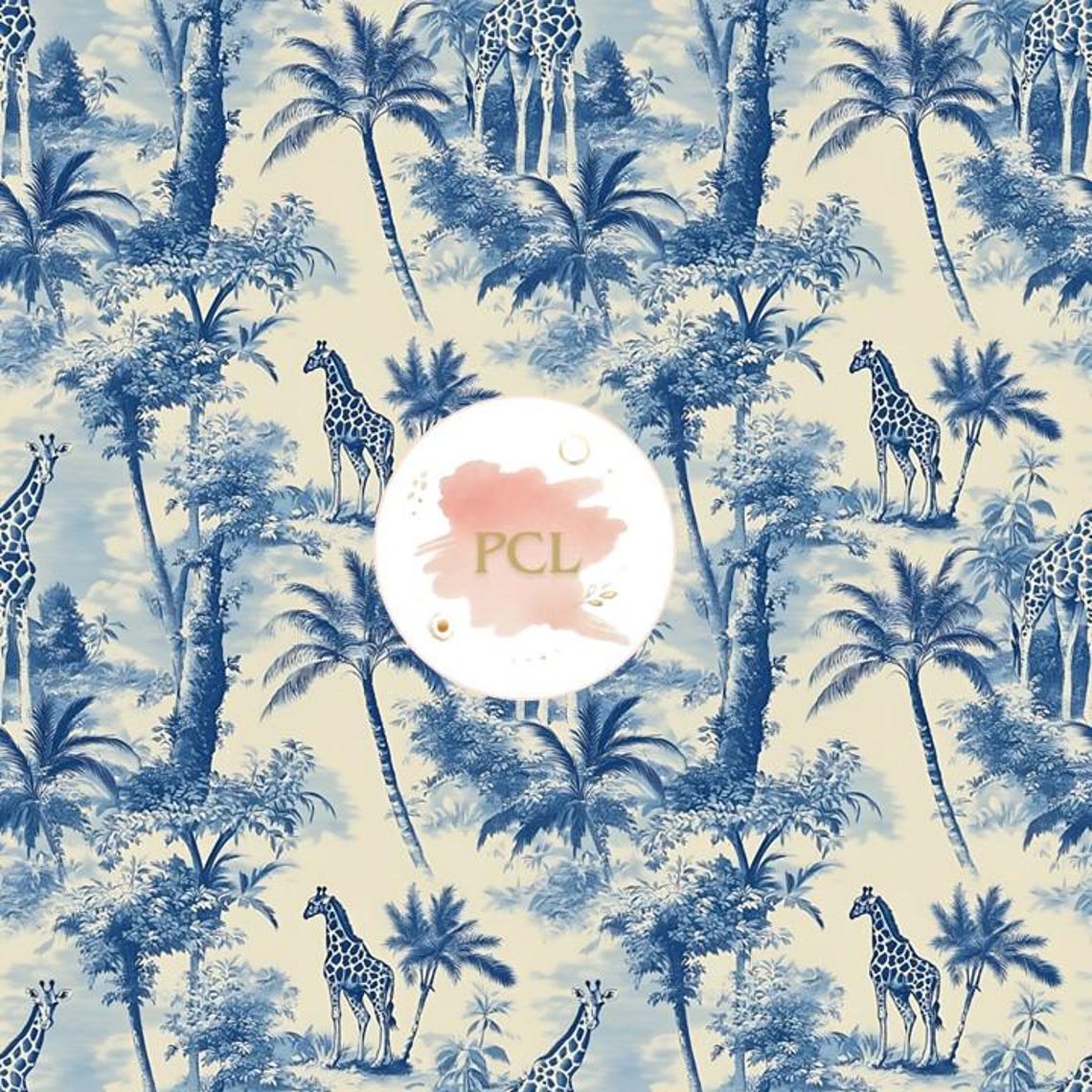 Blue Safari Giraffe Toile Seamless Digital Paper, Vintage Jungle ...