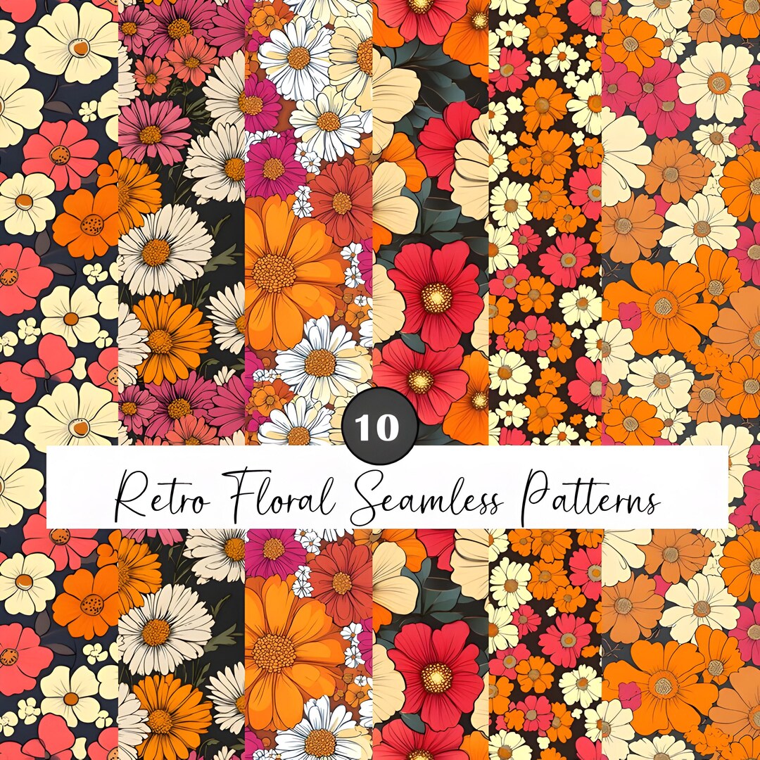 Retro Floral Seamless Digital Paper, 70s Flower Pattern Clipart Bundle ...