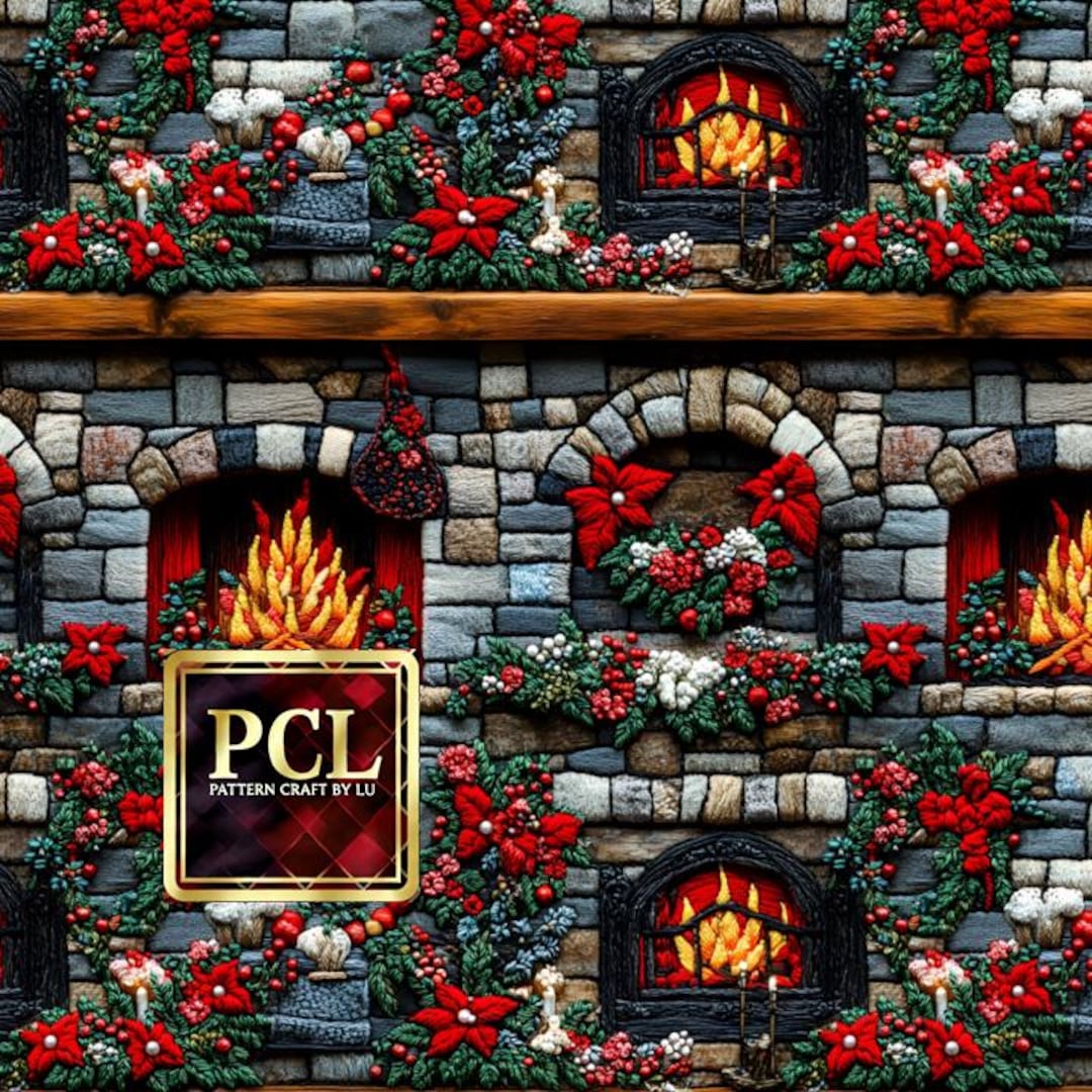 3D Christmas Fireplace Pattern, Festive Holiday Digital Paper, Seamless ...