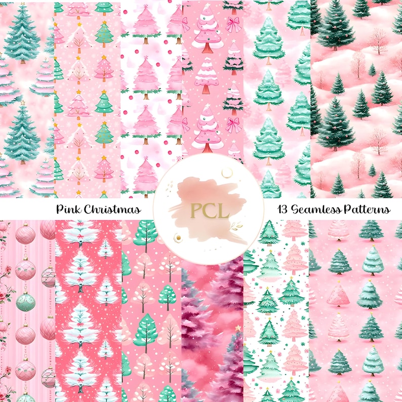 Pink Christmas Digital Paper - Romantic Winter Patterns, Holiday Fabric ...