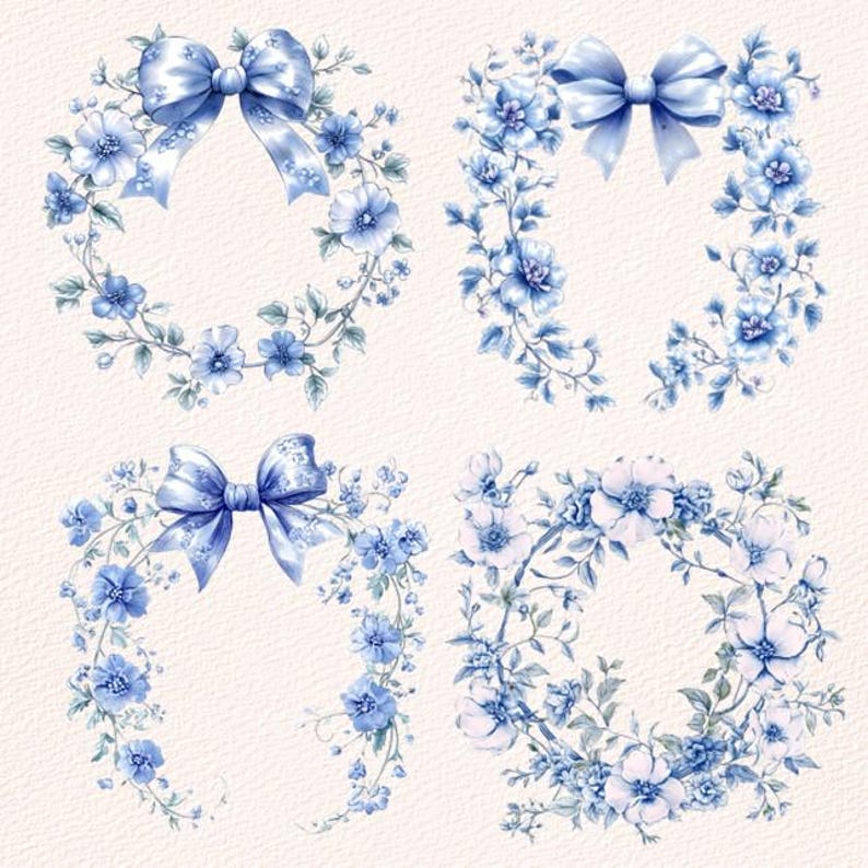 Blue Toile Flower Frame and Border Clipart Set, Floral Page Borders PNG ...