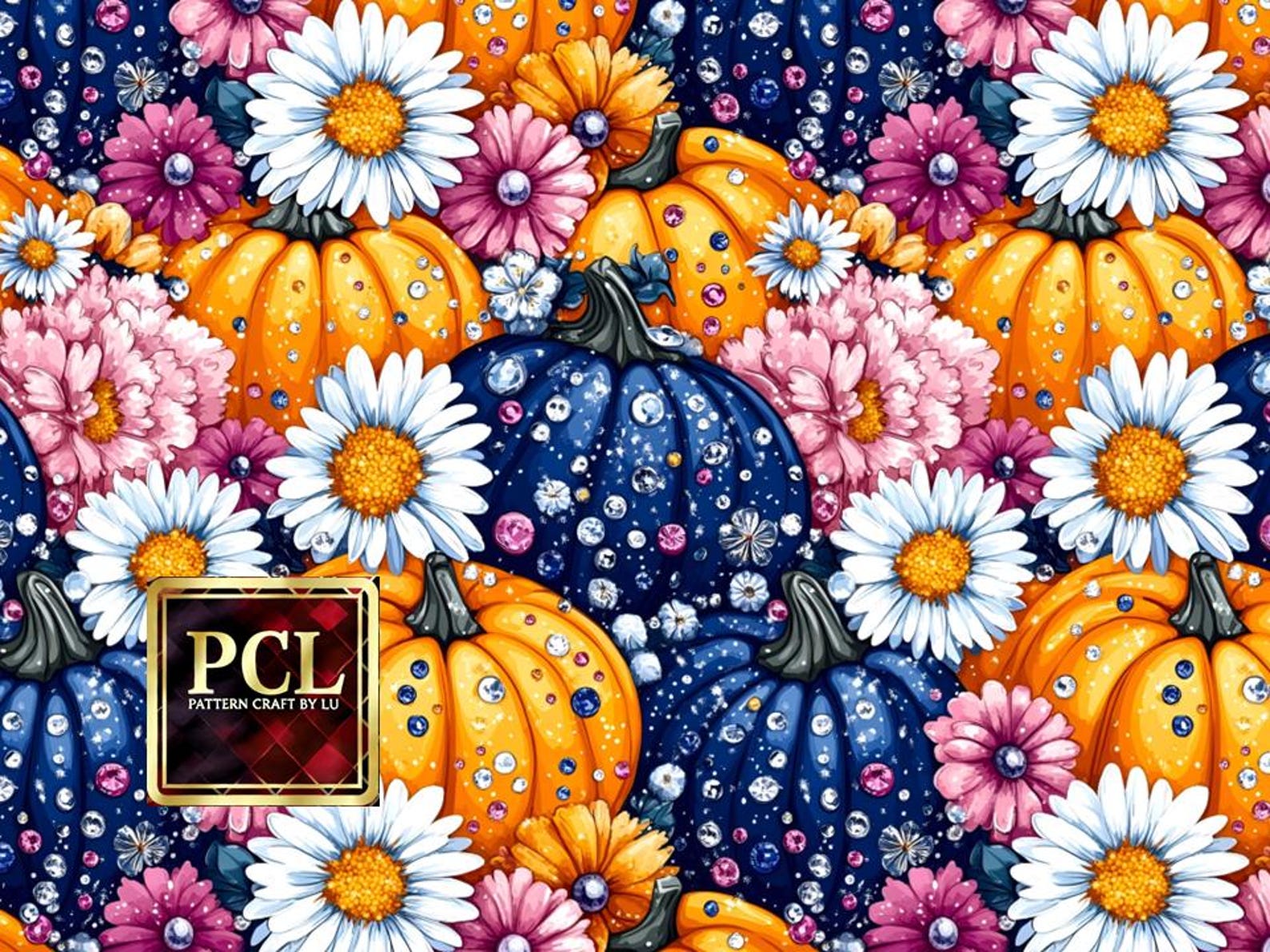 Rhinestone Pumpkin Floral Glam Seamless Patterns, Bling Halloween ...