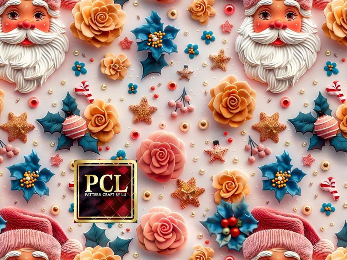 Vintage 3D Santa and Floral Christmas Pattern - Festive Seamless ...