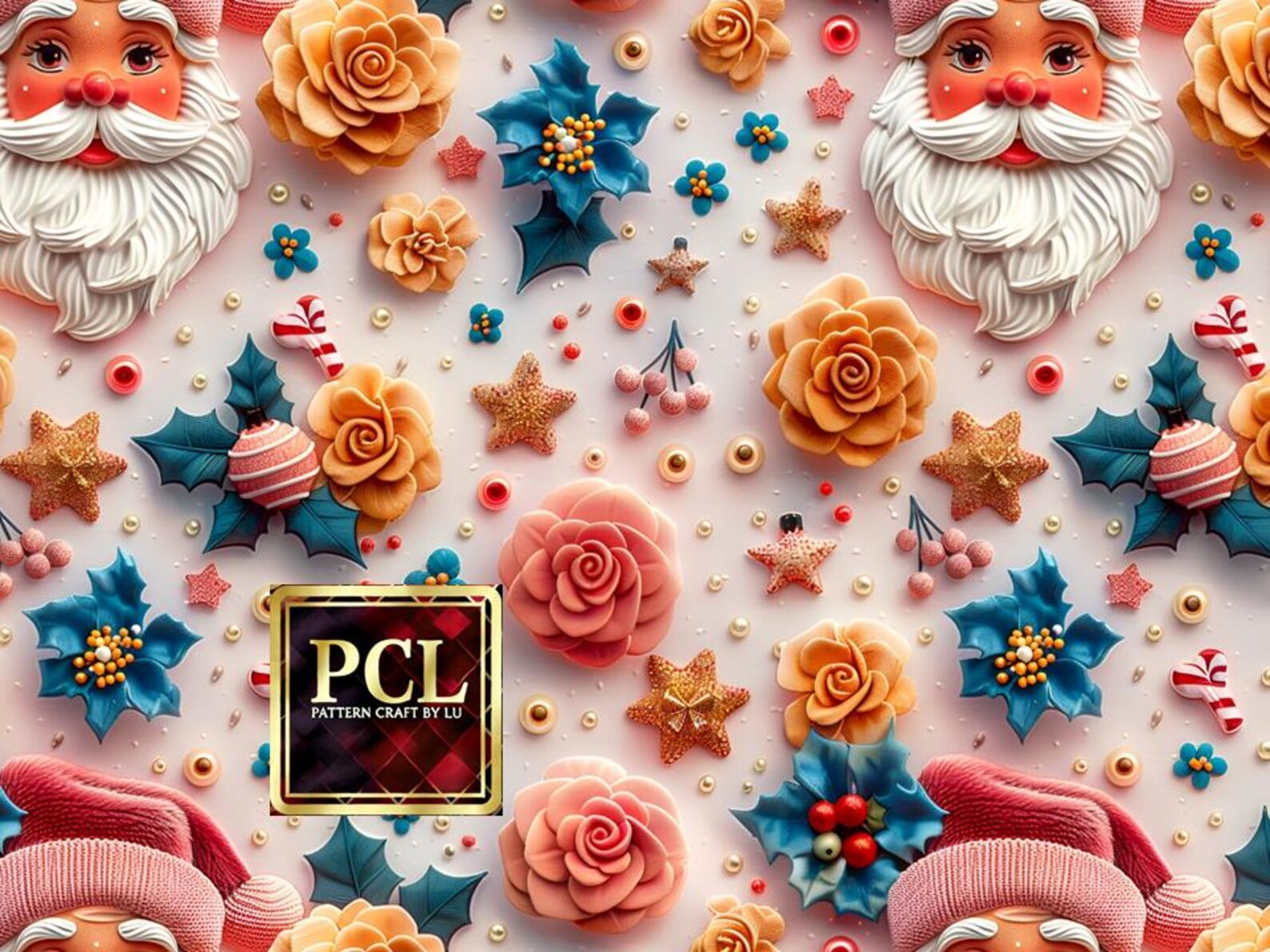 Vintage 3D Santa and Floral Christmas Pattern - Festive Seamless ...