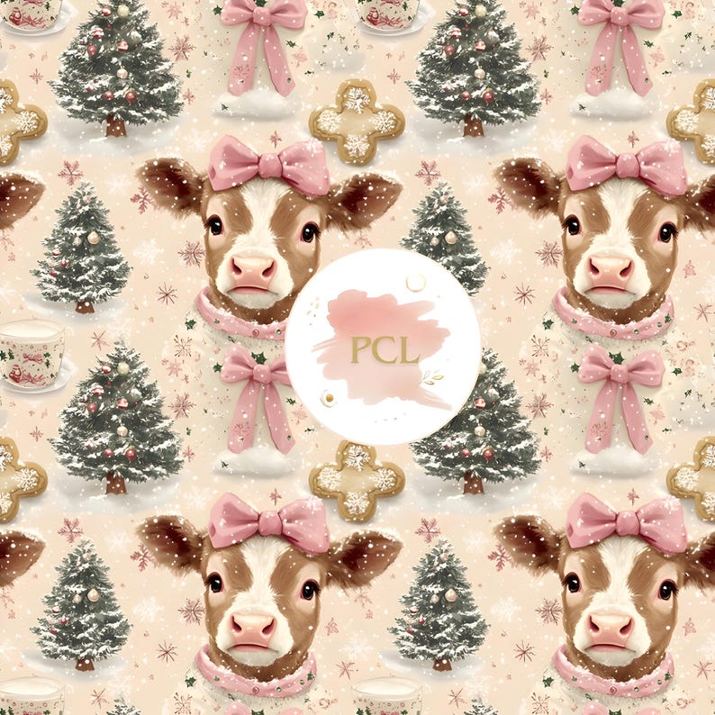 Christmas Cow Pattern: Pink Bow, Holiday Farmhouse (digital Download ...