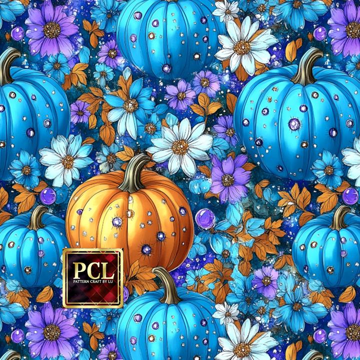 Blue and Orange Pumpkin Floral Pattern – Fall Halloween Decor, Seamless ...