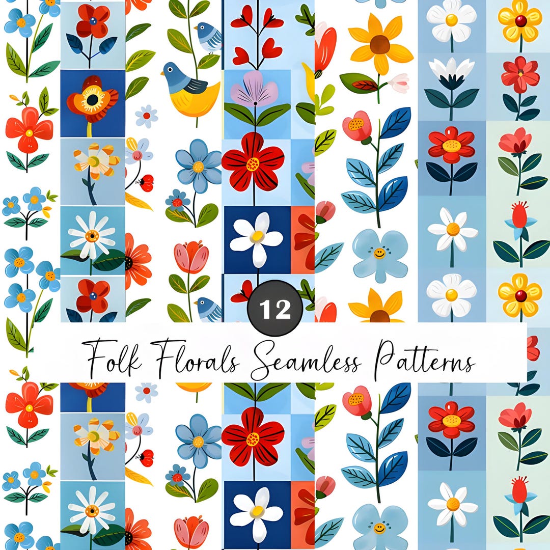 Folk Floral Seamless Patterns, Retro Colorful Floral Fabric Print ...