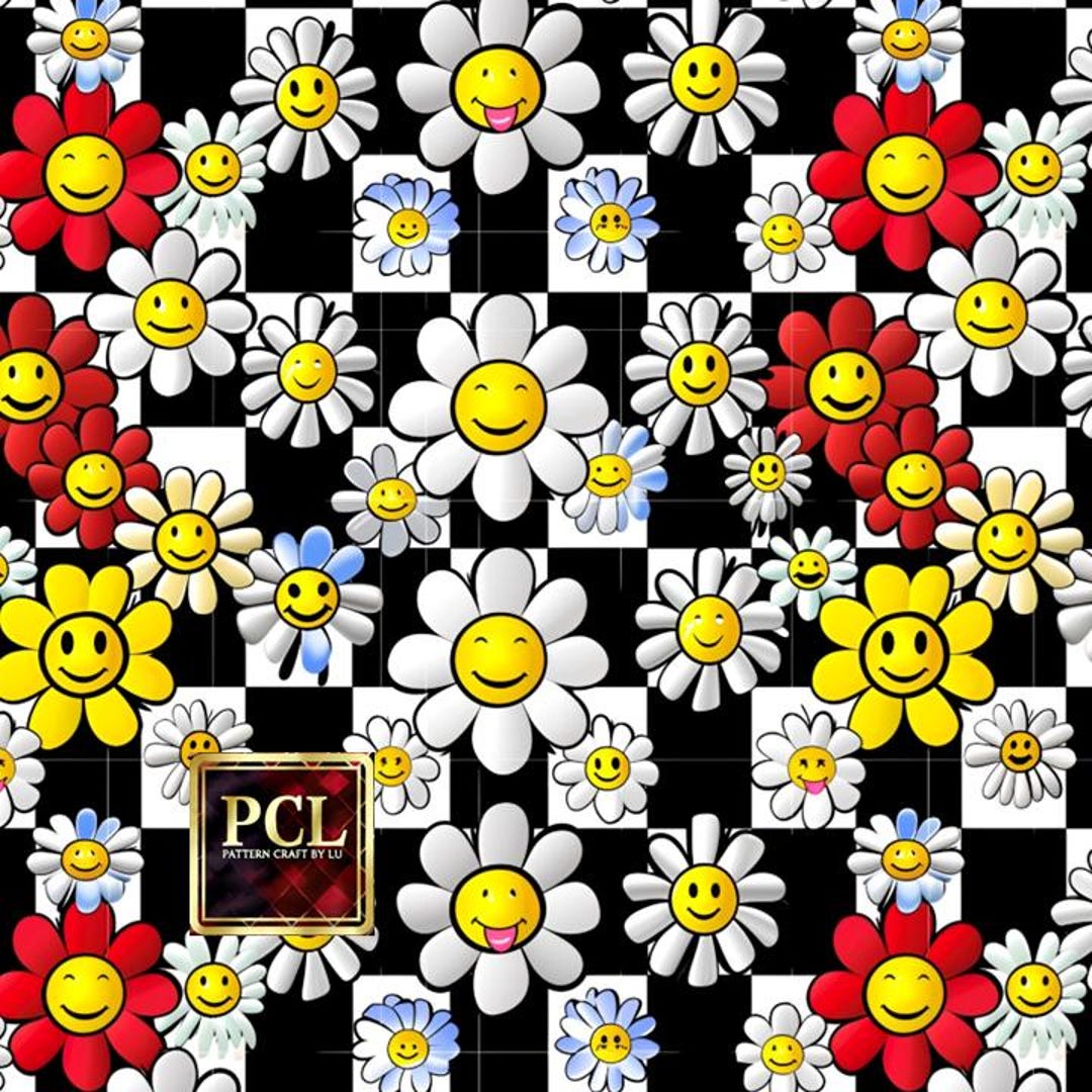 Retro Smiley Flowers Checkerboard Pattern – Retro 70s Digital Print ...