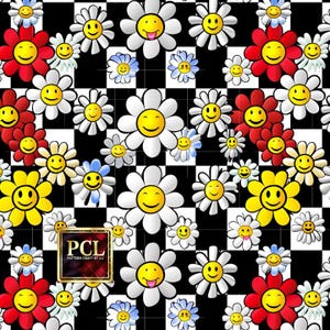 Retro Smiley Flowers Checkerboard Pattern – Retro 70s Digital Print ...