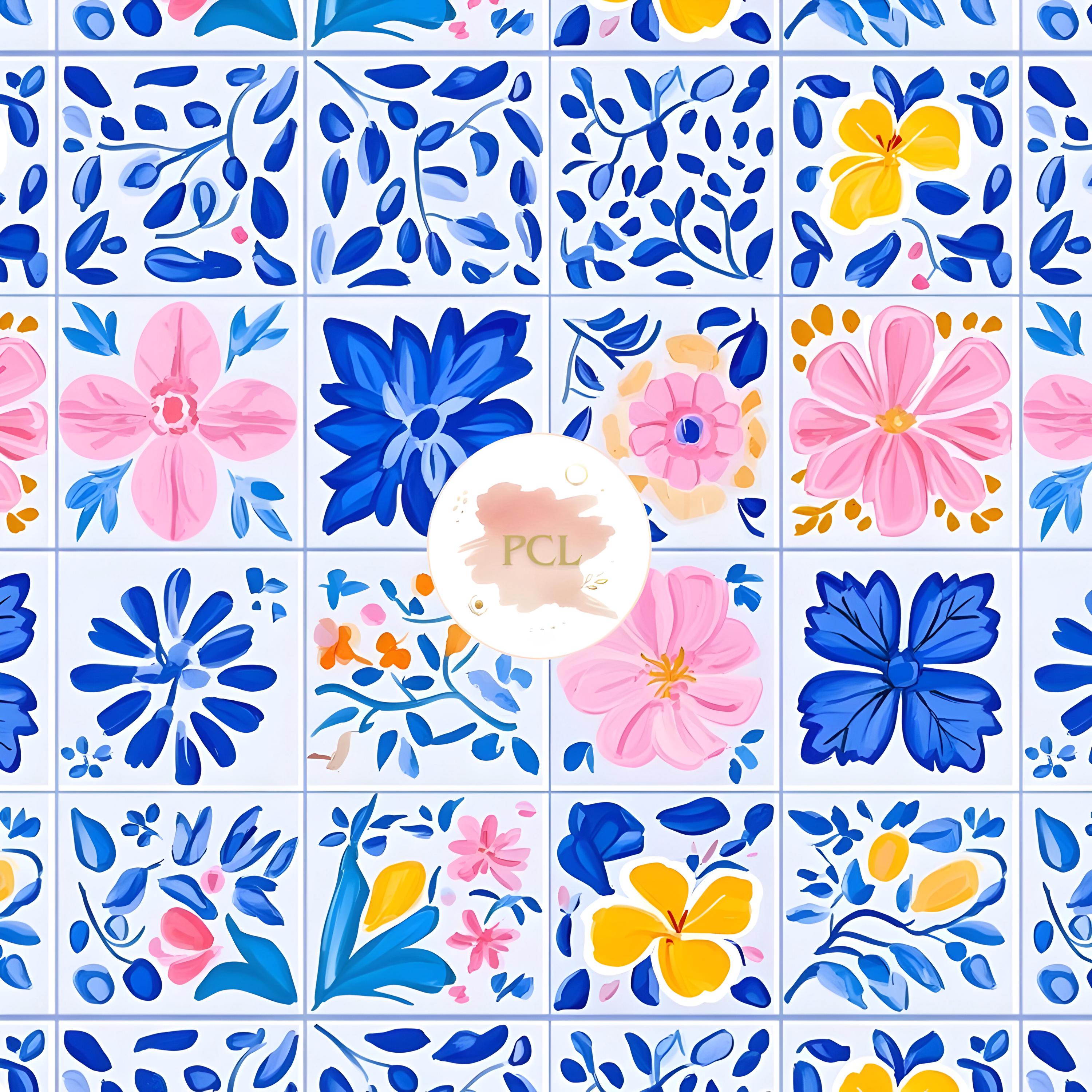 Watercolor Floral Tile Pattern, Blue & Pink Watercolor Seamless Design ...