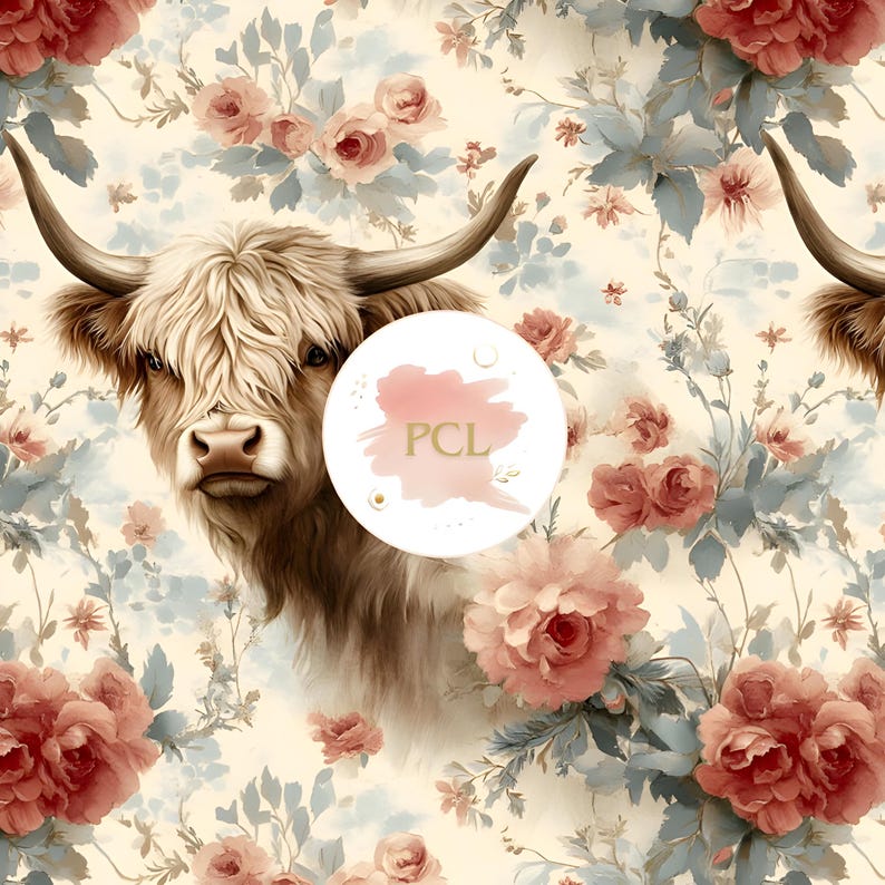 Highland Cow Pattern, Vintage Floral Digital Paper, Rustic Farmhouse ...