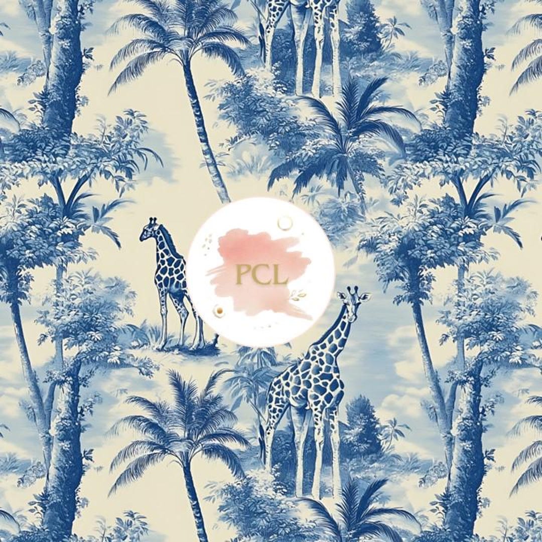 Blue Safari Giraffe Toile Seamless Digital Paper, Vintage Jungle ...