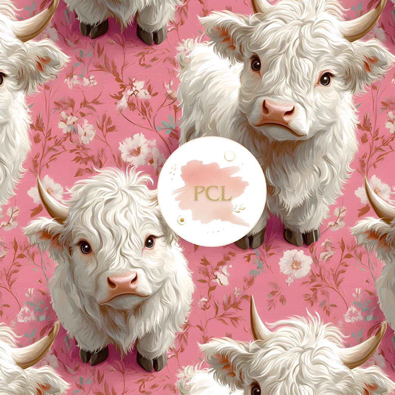 Cute Cow Digital Paper, Highland Cow Fabric Pattern, Pink Floral ...