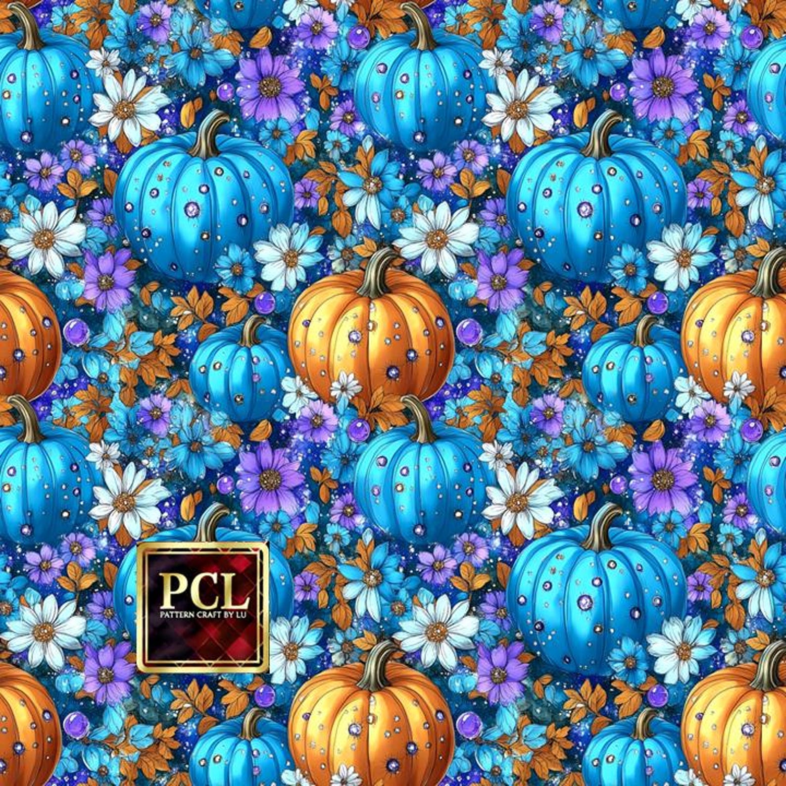 Blue and Orange Pumpkin Floral Pattern – Fall Halloween Decor, Seamless ...