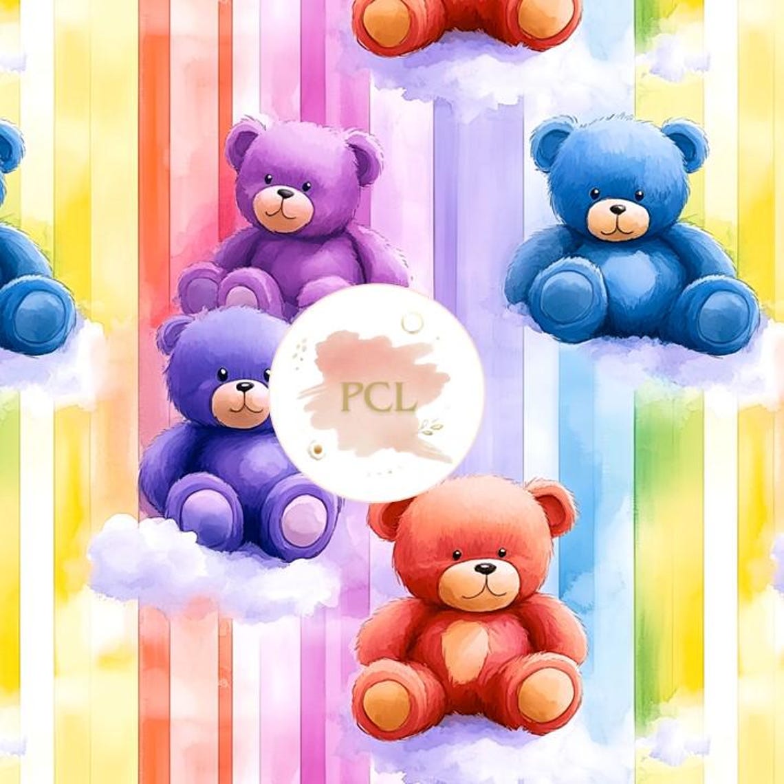 Rainbow Teddy Bears Seamless Digital Paper, Cute Cloud Pattern ...