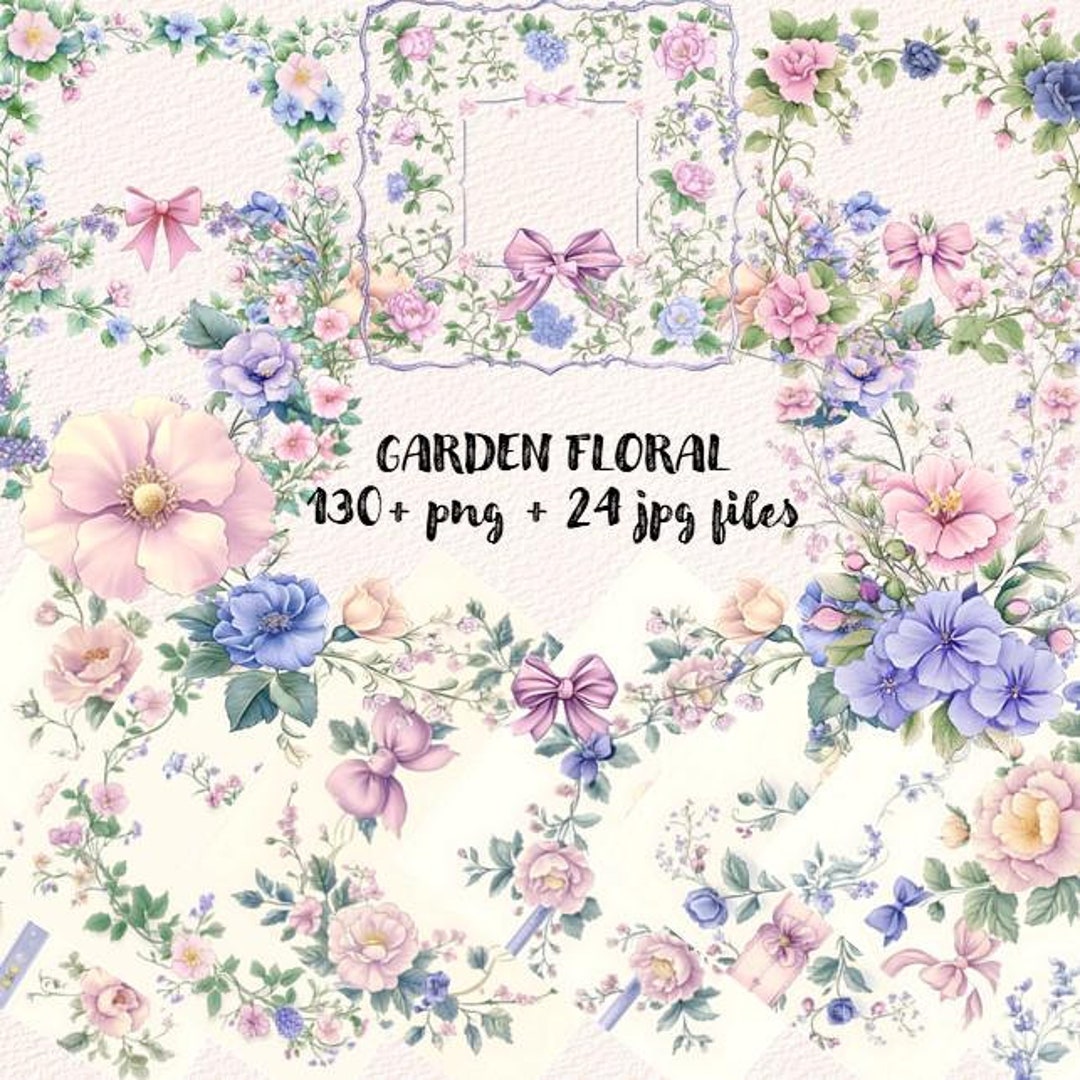 Garden Floral Clipart Bundle, Pastel Flowers, Watercolor Borders ...