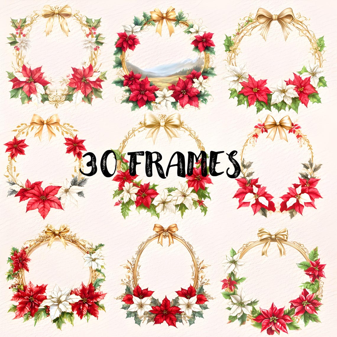 Poinsettia Frames Clipart, PNG Christmas Wreaths, Vintage Poinsettia ...