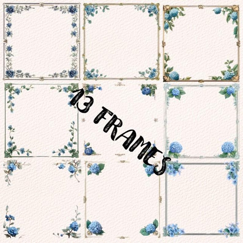 Blue Hydrangea Clipart and Frame Set, Floral Digital Scrapbooking JPG ...