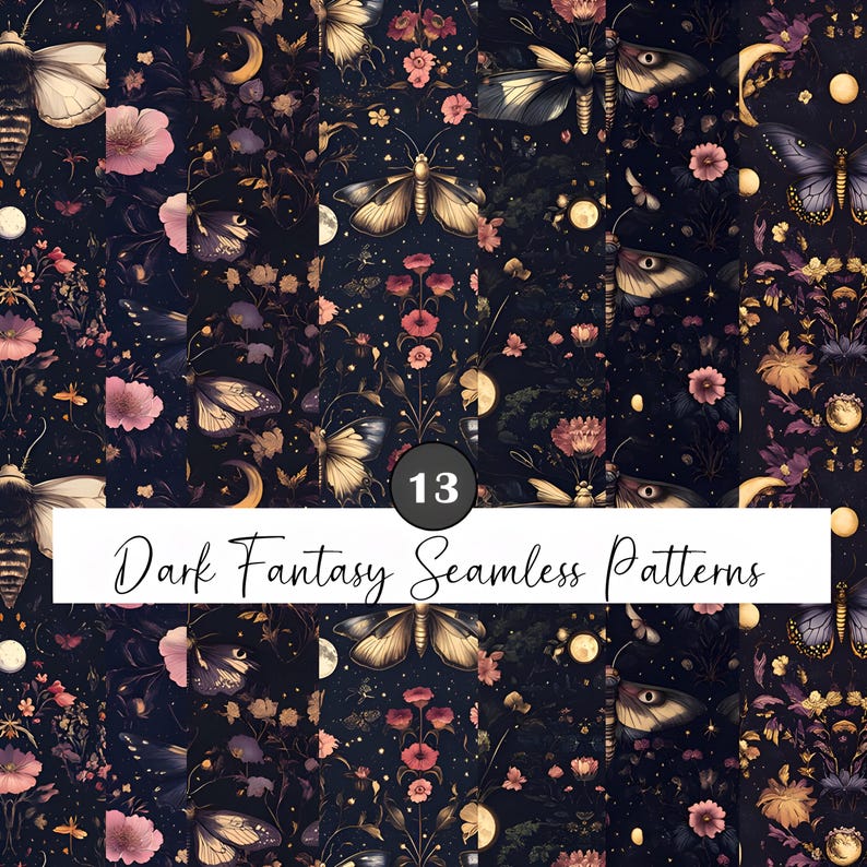 13 Night Garden Seamless Pattern, Mystical Moth Magic, Witchy Floral ...