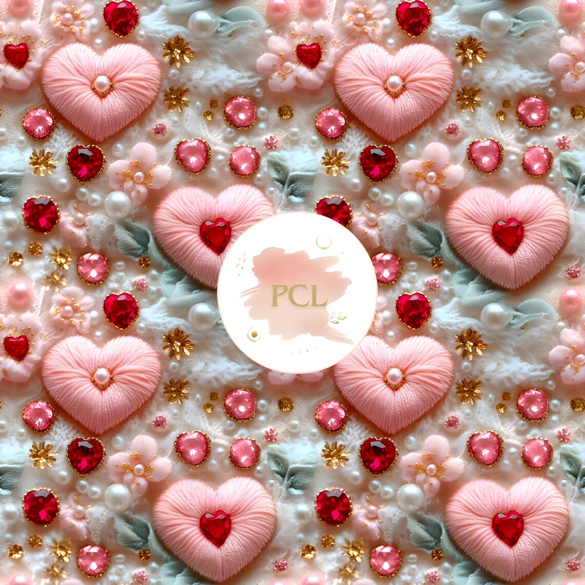 3D Pink Heart Gem Seamless Pattern Digital Paper Valentine’s Day Fabric ...