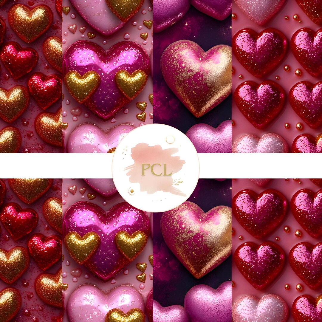 3D Pink Glitter Heart Seamless Pattern Set of 4 Digital Paper Valentine ...