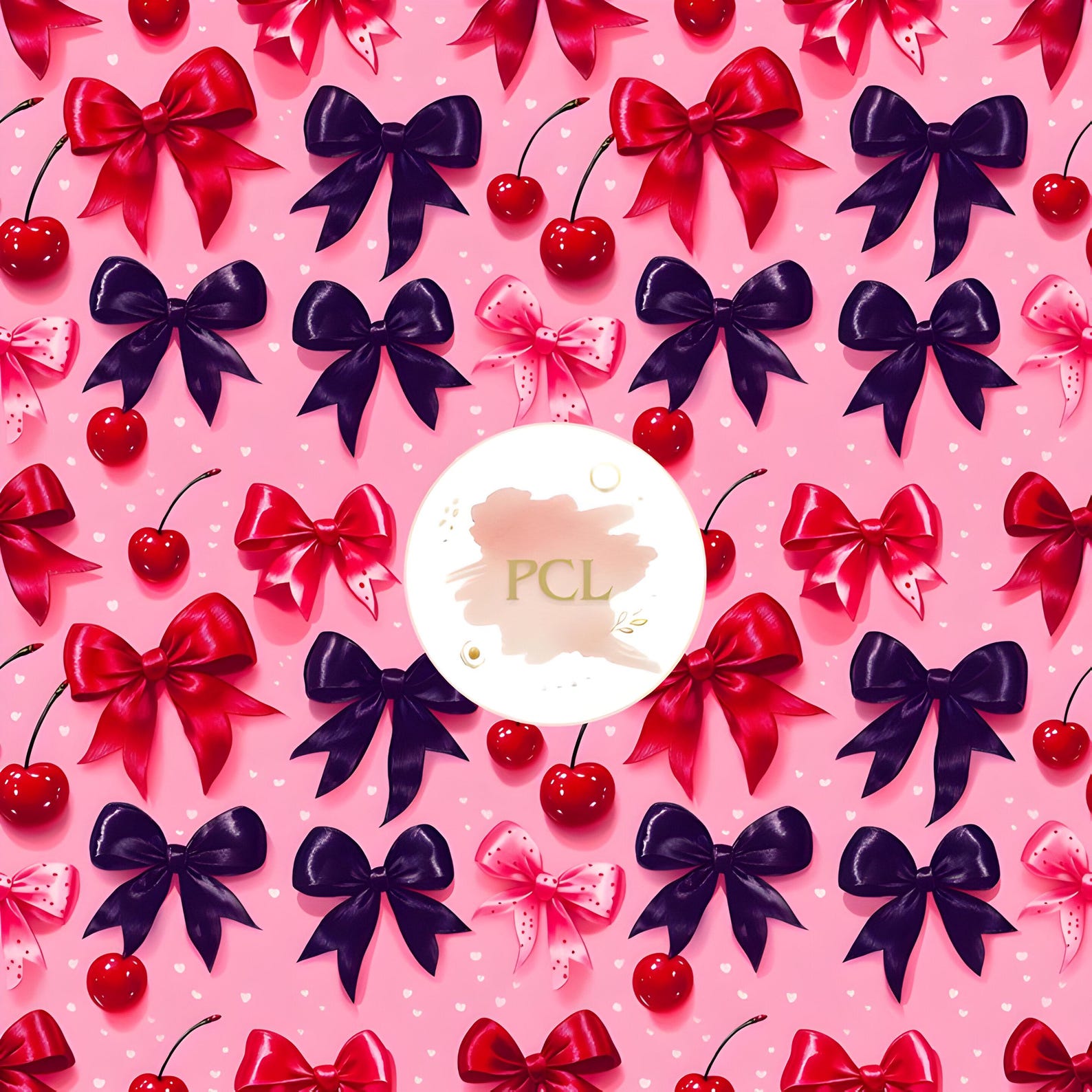 Cherry Bow Digital Paper, Seamless Pink Background With Red and Black ...
