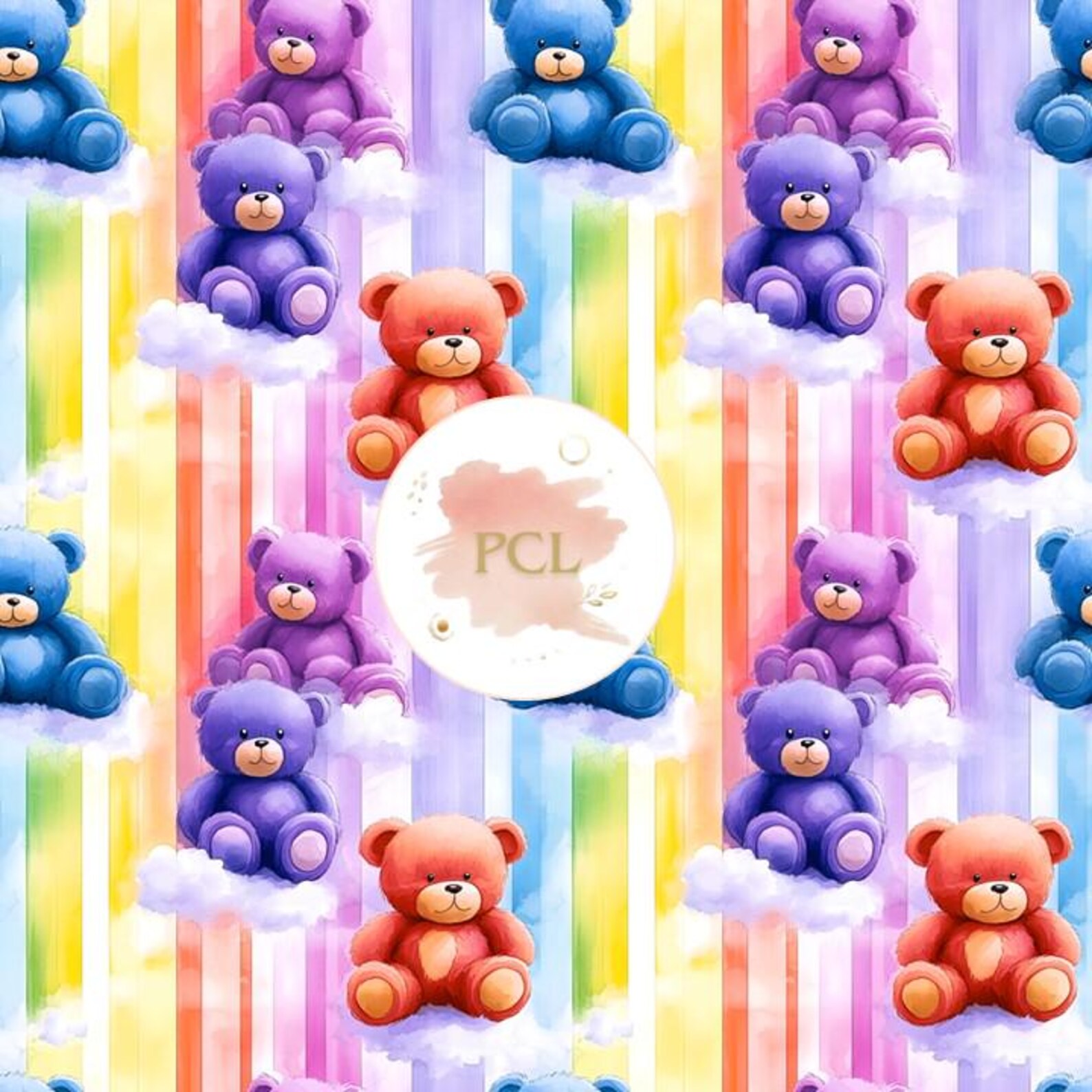 Rainbow Teddy Bears Seamless Digital Paper, Cute Cloud Pattern ...