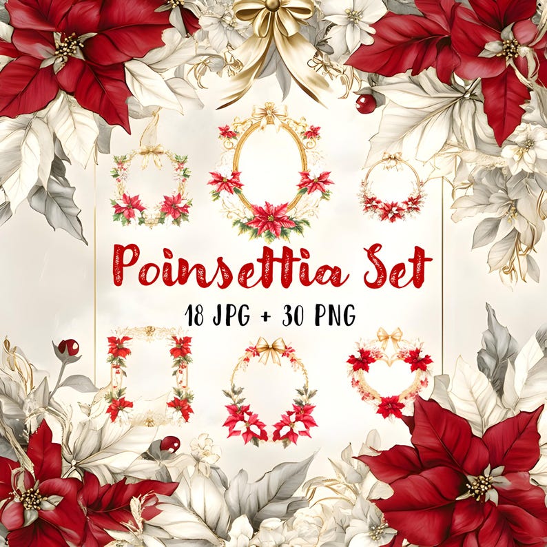 Poinsettia Frames Clipart, PNG Christmas Wreaths, Vintage Poinsettia JPG Papers, Holiday ...