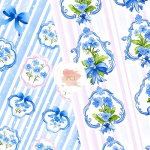 Watercolor Grandmillennial Seamless Patterns, Blue Pastel Floral JPEG ...