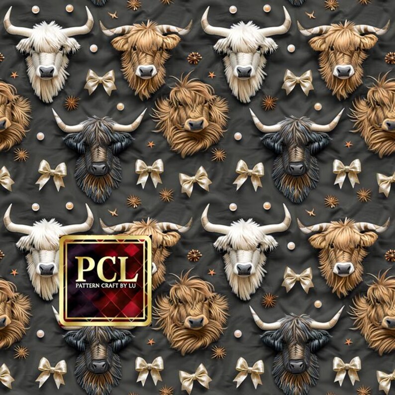 3D Highland Cow Pattern, Rustic Farmhouse Digital Paper, Seamless ...
