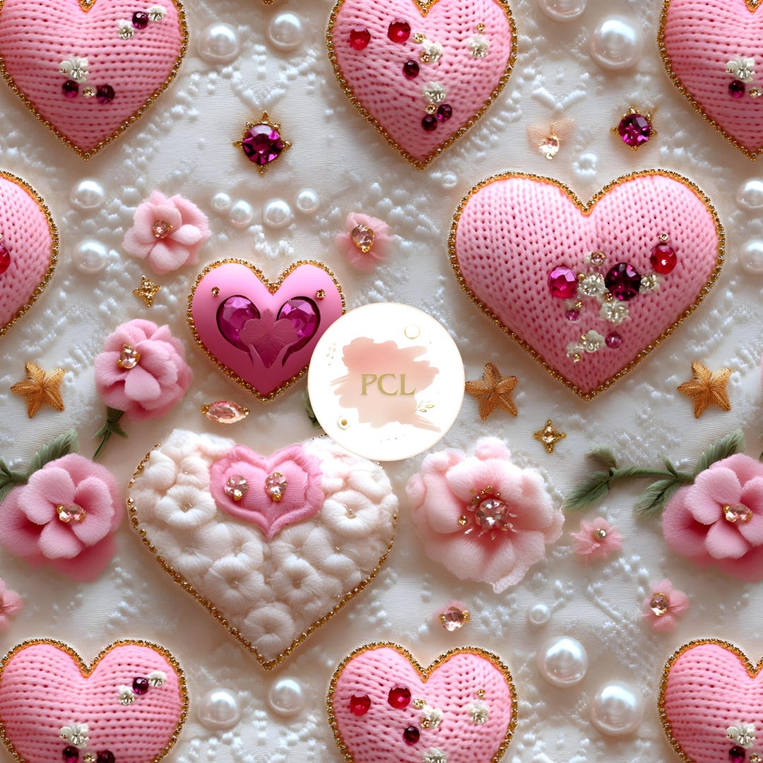 3D Pink Hearts Seamless Pattern, Pink Embroidered Heart Digital Paper ...