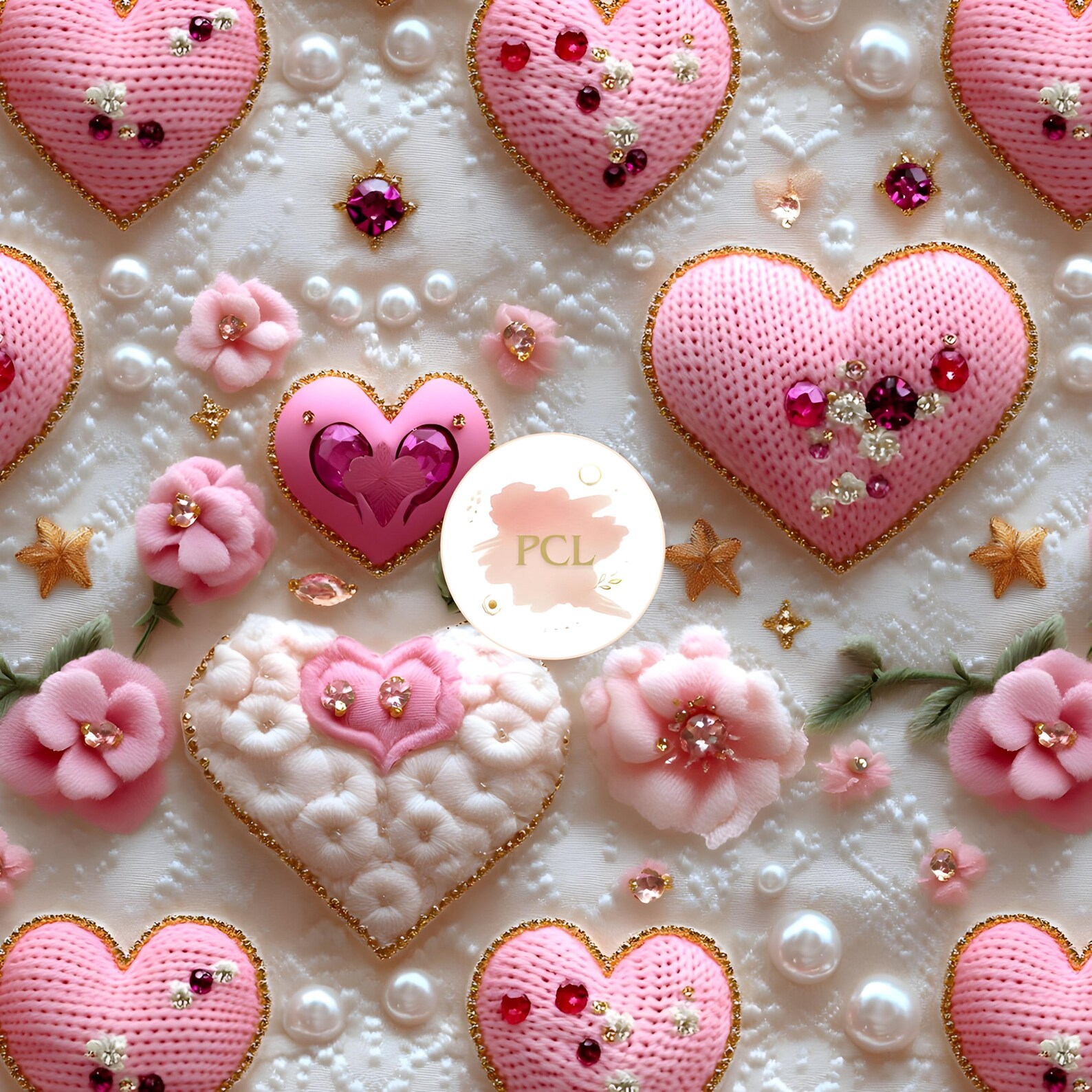 3D Pink Hearts Seamless Pattern, Pink Embroidered Heart Digital Paper ...