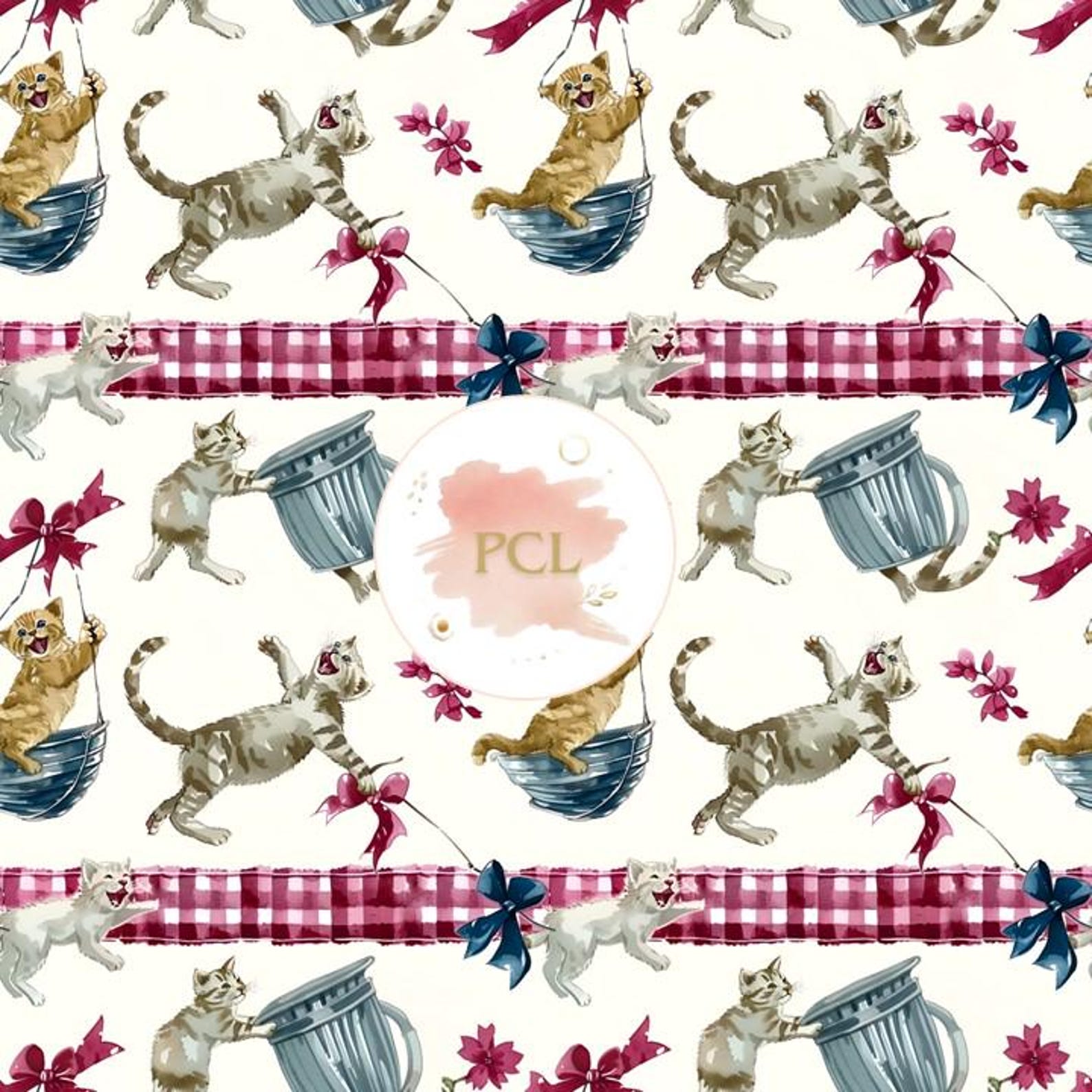Playful Kittens Seamless Digital Paper, Vintage Cat Pattern, Gingham ...