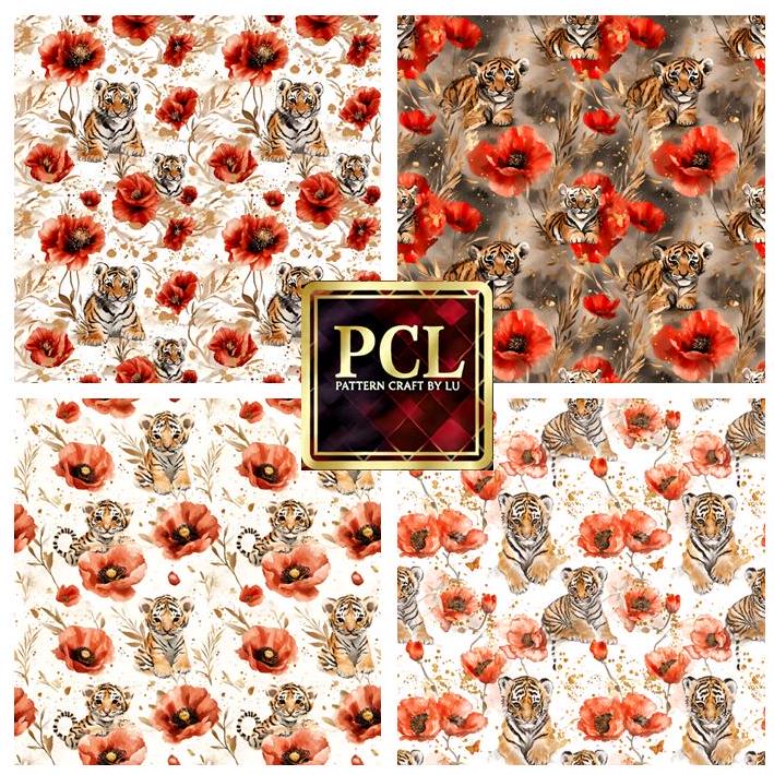 Watercolor Tiger With Poppies Patterns, Floral Jungle Seamless Digital ...