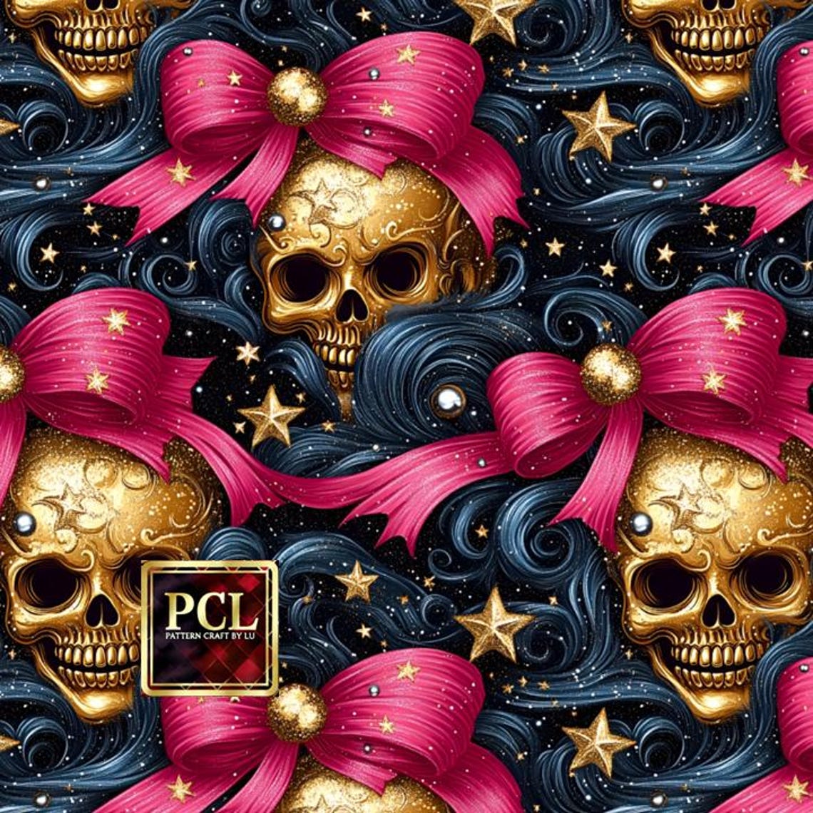 Gold Skull With Pink Bow Seamless Pattern – Gothic Glam Halloween ...