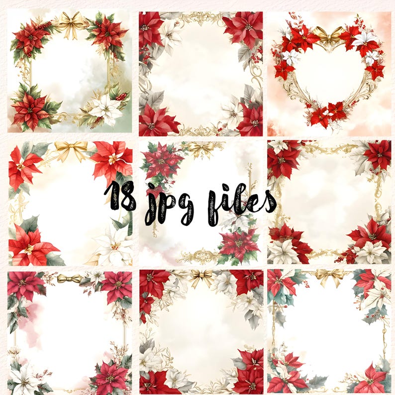 Poinsettia Frames Clipart, PNG Christmas Wreaths, Vintage Poinsettia JPG Papers, Holiday ...