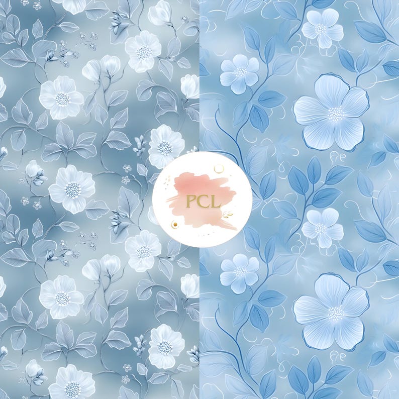 Pastel Blue Floral Seamless Pattern Set, Elegant Digital Paper (JPG ...