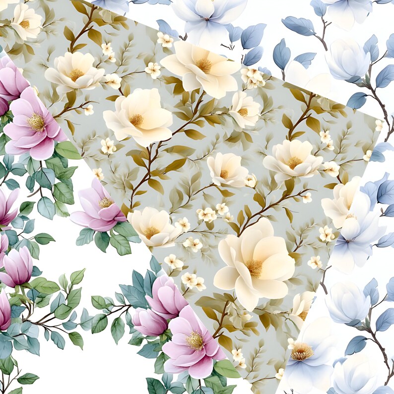Magnolia Digital Paper Set, Botanical Floral Patterns, Pastel White ...