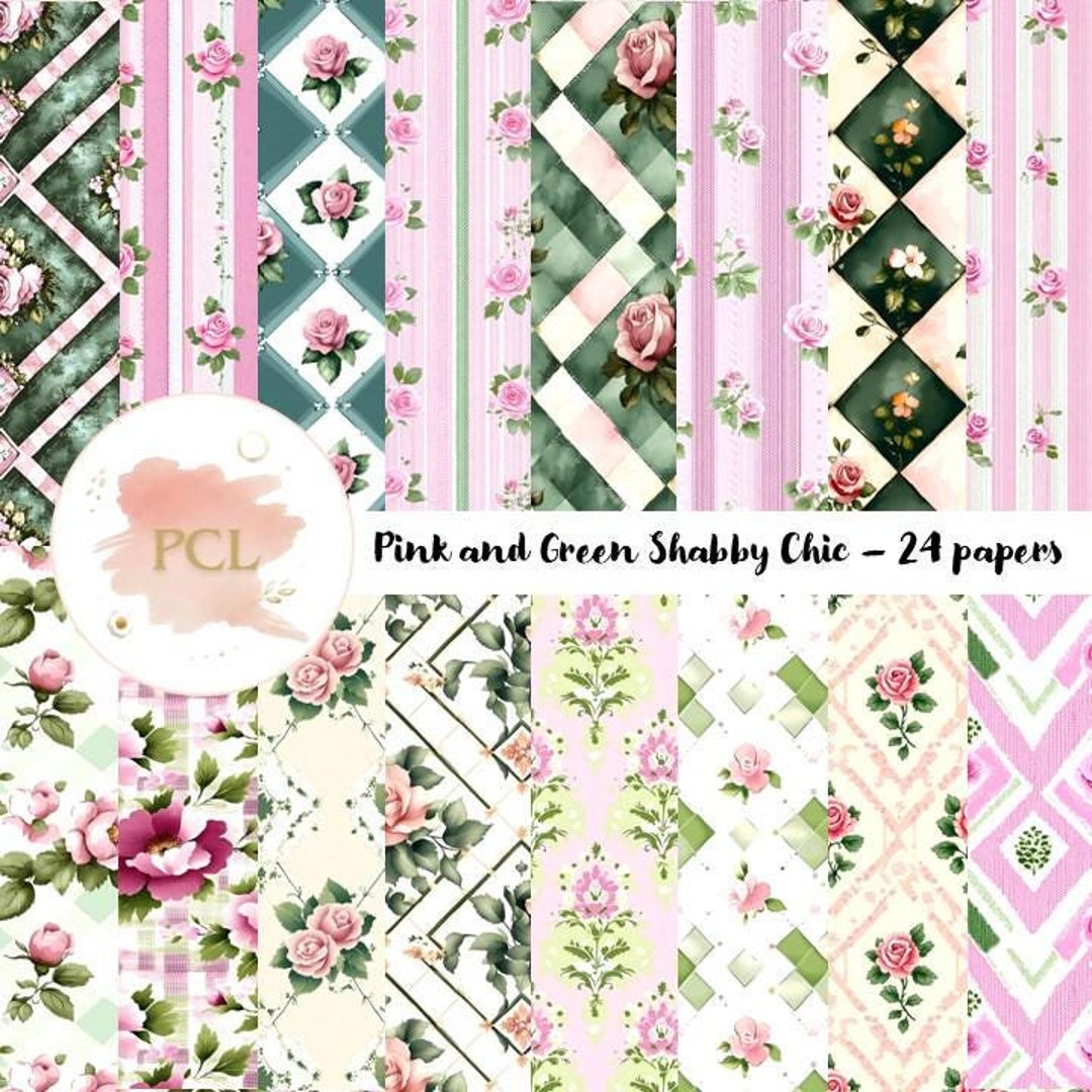 Shabby Chic Pink and Green Digital Paper, Floral Rose Seamless Patterns ...