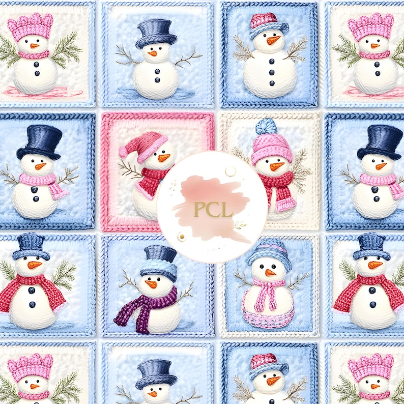 Crochet Snowman Digital Paper, Crochet-style Winter Pattern, Pastel ...