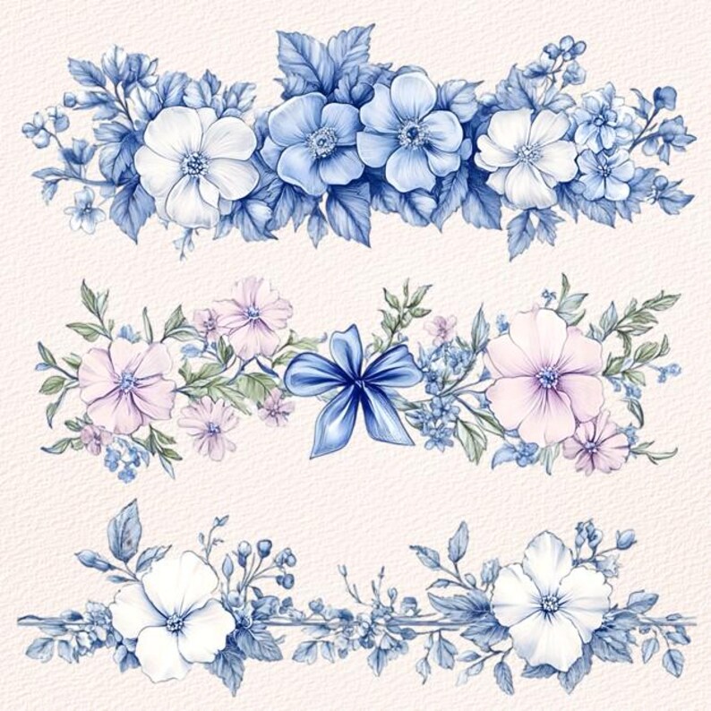 Blue Toile Flower Frame and Border Clipart Set, Floral Page Borders PNG ...
