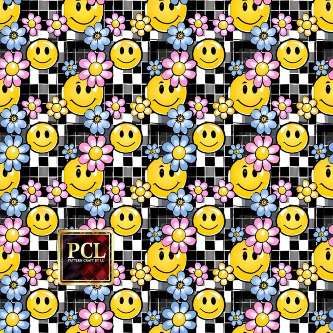 Smiley Face and Flower Checkered Seamless File, Retro 70s Pattern, Cute ...