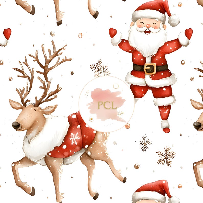 Watercolor Santa & Reindeer Digital Paper, Seamless Festive Christmas ...