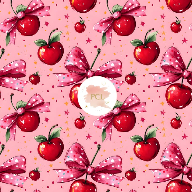 Coquette Cherry Seamless Pattern: Pink Bow Digital Paper (digital ...