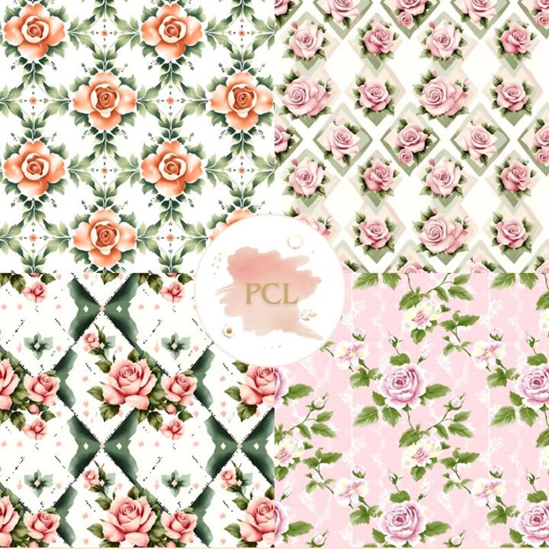 Shabby Chic Pink and Green Digital Paper, Floral Rose Seamless Patterns ...