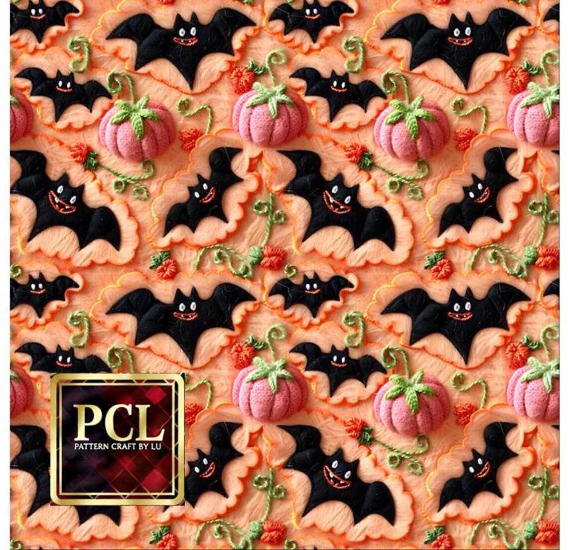 3D Halloween Bat and Pumpkin Embroidery Pattern: Seamless Fabric ...