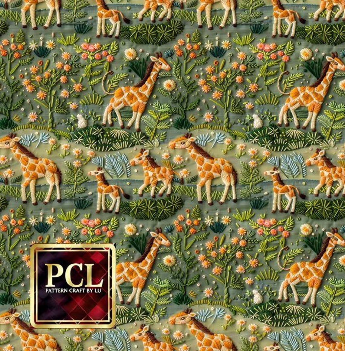 Embroidered Giraffe Safari Pattern: Seamless Fabric Design (digital ...