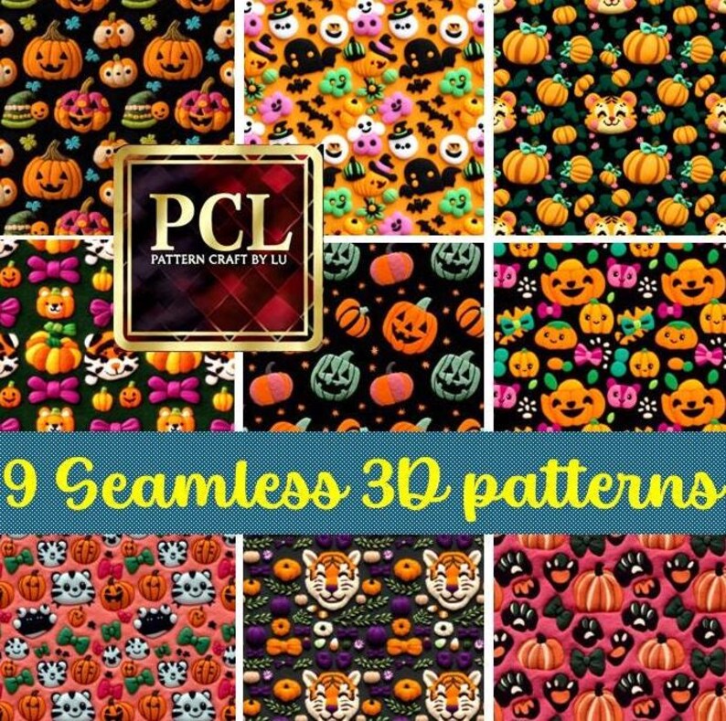 3D Halloween Pattern Bundle, Cute and Spooky Designs, Seamless Fabrics ...