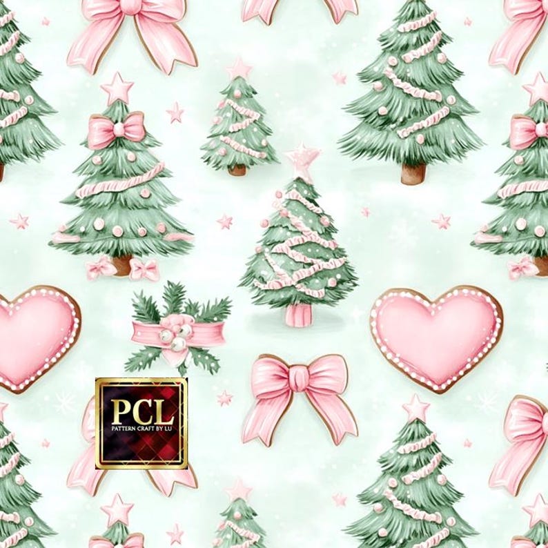 Retro Pastel Pink Christmas Tree Seamless File, Holiday Bow and Heart ...